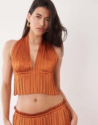 Aria Cove Plissiertes Neckholder-Oberteil in Orange mit tiefem R&uuml;ckenausschnitt mit Schn&uuml;rung, Kombiteil