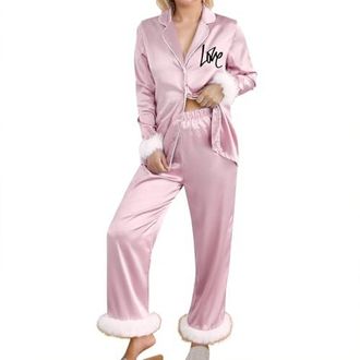 Generic Ensemble de pyjama d&eacute;contract&eacute; et confortable pour la Saint-Valentin 2026 pour femmes, chemise &agrave; manches longues, pantalon, deux ensembles, rose, XXL