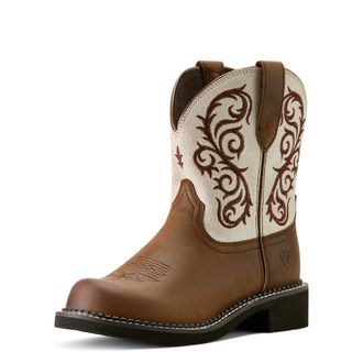 Ariat Womens Fatbaby Heritage Lilah Western Boots in Chocolate Chip Distressed Ivory, B Medium Width, Size 38.5, by Ariat