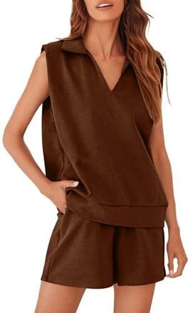 Generic Ensemble 2 pi&egrave;ces d&eacute;contract&eacute; pour femme avec t-shirt sans manches &agrave; revers et short de motard pour entra&icirc;nement de sport, marron, XXL