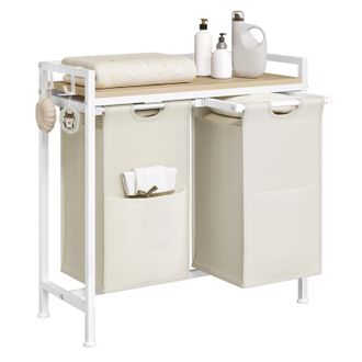 Woltu W&auml;schekorb 2 F&auml;cher, jedes 40 L, W&auml;schesammler mit Ablage Metallrahmen, Oxford-Stoff-W&auml;schesack ausziehbar abnehmbar, W&auml;schesortierer W&auml;schebeh&auml;lter w