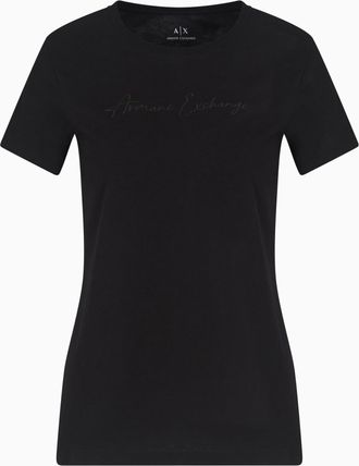A|X Armani Exchange Damen Essential, Embroidered Logo Signature T-Shirt, Schwarz, Groß