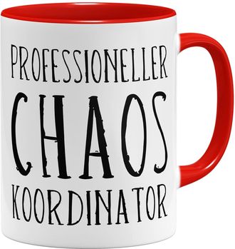 OM3 witzige Kaffee-Tasse mit Spruch - Professioneller Chaos Koordinator - Alltagsmanager - Keramik Becher - 325ml - Beidseitig Bedruckt - Rot