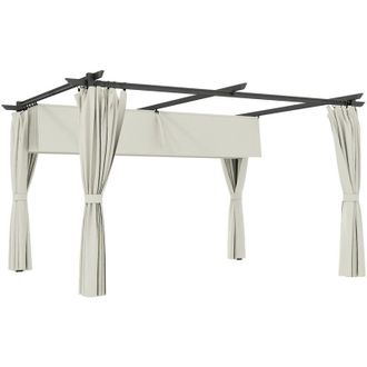 OUTSUNNY Pergola 3 x 4 m toile toit r&eacute;tractable 4 rideaux ajustables m&eacute;tal noir polyester haute densit&eacute; 180g/m&sup2; cr&egrave;me