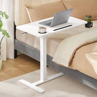 Vasagle Bureau Assis-Debout sur roulettes, Table Mobile R&eacute;glable en Hauteur, Plateau de 70 x 40 cm, 2 Porte-gobelets, Fente Porte-T&eacute;l&eacute;phone ou Tablette, Blanc