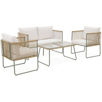 Sweeek Loungeset aus verzinktem Stahl mit Kunststoffbespannung, 4 Sitzpl&auml;tze Khaki / Wei&szlig;