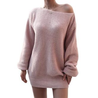 Generic Robe pull &agrave; manches longues et &eacute;paules d&eacute;nud&eacute;es pour femme, robe pull ample d&eacute;contract&eacute;e surdimensionn&eacute;e en tricot, rose, S