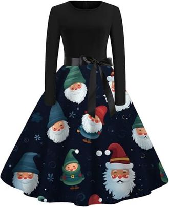 Generic Robe de No&euml;l &agrave; manches longues et col rond avec ceinture pour femme, Rouge, L