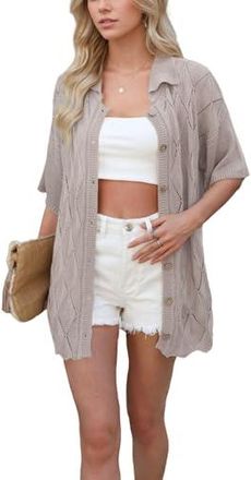 Generic Cardigan court en tricot à manches courtes Y2K pour femme, cardigan boutonné en tricot côtelé élégant, coupe ample, marron, XL