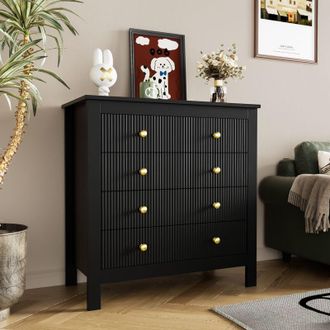 STILVORA Commode avec 5 Tiroirs &agrave; Fa&ccedil;ades Textur&eacute;es et Poign&eacute;es Dor&eacute;es, en Panneaux de Particules, 79&times;39,5&times;80,5 cm, Noir