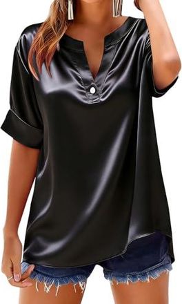 Generic Haut &agrave; manches courtes pour femme - Chemisier ample en satin pour femme - Chemisier habill&eacute; &agrave; manches courtes et col en V - &Eacute;paules tombantes - L&eacute;ger 