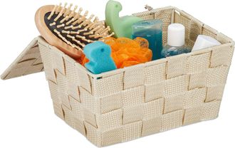Relaxdays 10 x Aufbewahrungskorb mit Deckel, Flechtoptik, Bad Organizer HxBxT: 10,5 x 19,5 x 14,5 cm, Körbchen Kunststoff, beige