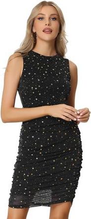 Allegra K Robe à Paillettes Femme sans Manches Col Rond Robe Froncée Moulante en Maille Étoilée Mini Robe de Club Noir M