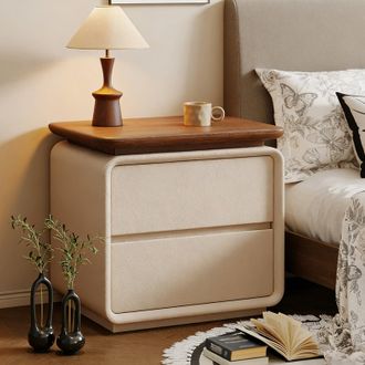 Generic Nachtk&auml;Stchen, Nachttisch Holz Mit Leiser Gleitschiene, Massivholz Und Kratzfestem Leder for Schreibtischlampe, Wasserbecher, B&uuml;Cher