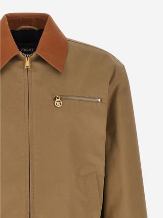 Versace Mens Cotton Jacket With Contrast Collar Dark Beige
