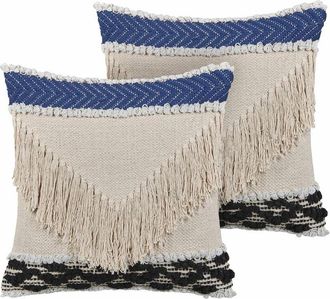 Beliani Dekokissen Beige / Blau Baumwolle 45 x 45 cm mit dekorativen Fransen im 2er Set Boho-Stil Wohnzimmer Salon Schlafzimmer