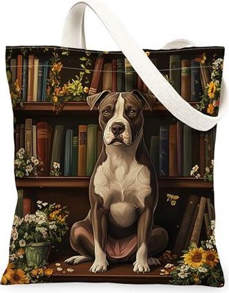 Generic Sac fourre-tout en toile motif chien Pitbull de printemps pour faire du shopping, 33 x 38,1 cm, sac d&eacute;picerie r&eacute;utilisable pour femme, sac d&eacute;picerie a