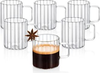 Wilmax England Wilmax - Verres isothermes avec anse - Lot de 6-200 ml - Verres en verre cannel&eacute; pour eau, th&eacute;, caf&eacute; - Verres &agrave; th&eacute; et &agrave; caf&eacute; - Gobelets pour boissons