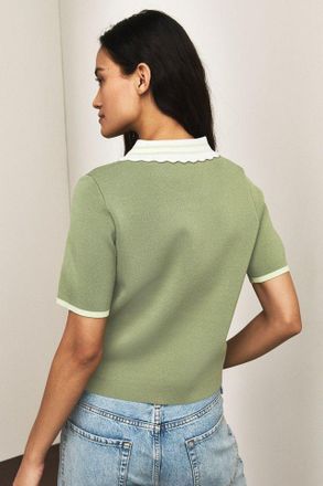 Next Strickpullover Gestricktes Kurzarm-Poloshirt mit R&uuml;schen (1-tlg)