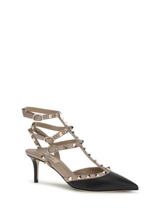 Valentino Garavani Womens Pumps Rockstud Calf Leather Black-Powder Black/powder High Heel Shoes