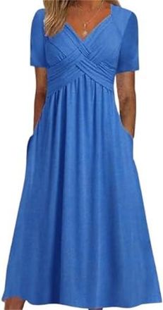 Generic Robe d&eacute;t&eacute; &agrave; manches courtes avec col en V et manches courtes crois&eacute;es sur le devant pour femme - Robe d&eacute;t&eacute; fluide avec poches, bleu, 5XL