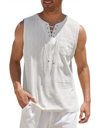 Coofandy Tank Top Herren Baumwolle Ärmelloses Shirt für Männer Sommer Beach Henley Casual Hippie Strand Hemd Oversize Weiß XXL