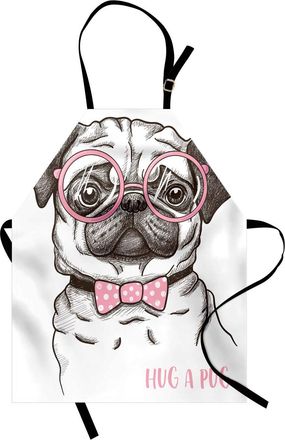 Abakuhaus Mops Kochschürze, Mops mit Bow Brille, Unisex-Küchenlätzchen mit verstellbarem Hals für Kochen Gartenarbeit, 67 cm x 80cm, Brown Pale Pink Weiß