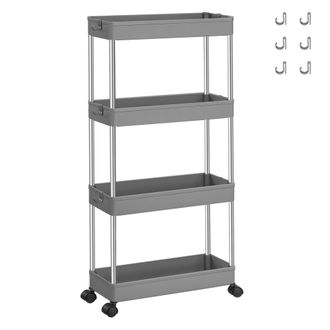 Songmics Rollwagen, K&uuml;chenwagen, K&uuml;chenregal, Nischenregal, mit 6 Haken, 360&deg; drehbare R&auml;der, Stahlgestell, Bad, K&uuml;che, B&uuml;ro, 4 Ebenen, grau KSC008G01
