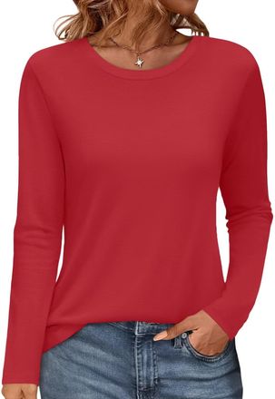 Onsoyours Damen Rundhals Tshirt Langarm Pullover Herbst Winter Oberteile Einfarbig Basic Longshirt Tops A Rot XXL