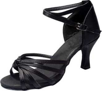 Frcolor Chaussures de Danse Latine à Talons Satinés Ouverts pour Femme Élégantes et Faciles à Enfiler Noir