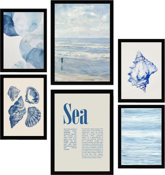 Nacnic Set mit 6 Dekorative Malerei Illustrationen Marine, Blau, Meer und Sommer Gerahmtes Poster mit Design-Illustrationen zur Dekoration der W&auml;nde A3 & A4 