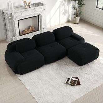 Generic Modulares Schlafsofa mit Ottomane, 3-Sitzer, modulares Cord-Sofa, ohne Montage, for Wohnzimmer, rahmenloses Sofa, mit gebogenen Armlehnen(Nero,3S+1)
