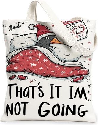 Generic Sacs fourre-tout en toile motif pingouin de No&euml;l, sacs d&eacute;picerie r&eacute;utilisables, l&eacute;gers et lavables avec bandouli&egrave;re, blanc, 13x15 Inch