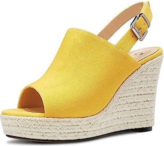 Castamere Femmes Haut High Compensé Plate-forme Talon Heel Ouvert Bout Slip-on Sandales Slingback Danse Décontracté Été 10 CM Heels Jaune 38 EU