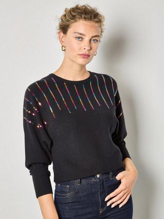 Apricot Rundhalspullover feiner Strickpullover mit Regenbogen-Pailletten