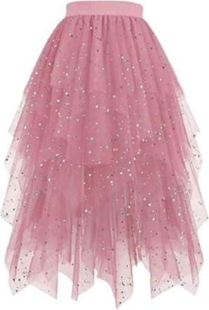 Onsoyours Jupe en Tulle pour Femme - Jupe &agrave; Paillettes - Tutu Bouffante - Midi &Eacute;l&eacute;gante - Costume de Carnaval A Rose XL