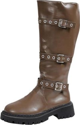 Generic Bottes hautes pour femme - Large mollet - Longues bottines &eacute;l&eacute;gantes &agrave; bout rond classique - Talon bas plat - Fermeture &eacute;clair lat&eacute;rale - Confortables