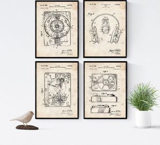 Nacnic 4 poster pack mit plattenspieler patenten | posterset mit erfindungen und alten werkzeugen | bilder von drehscheiben und dj-kopfhörer | größe a4
