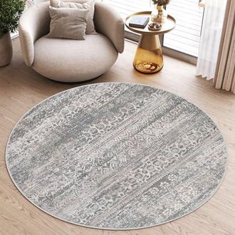 Tapiso Valley Rond Tapis Poil Court Vintage Beige Gris Cr&egrave;me Mouchet&eacute; Ethnique Tapis Salon Chambre Adulte Salle &agrave; Manger Bureau Oeko-TEX R&eacute;sistant 200 x 200 