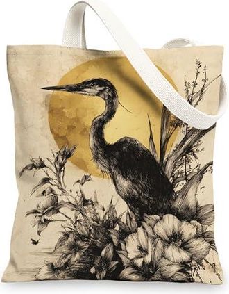 Generic Heron Sac fourre-tout en toile Motif floral vintage réutilisable Sacs dépicerie Sacs légers en lin Crème, crème, 13x15 Inch