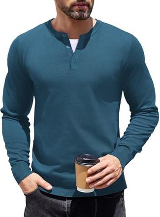 Coofandy Henley Pull en tricot fin à manches longues décontracté avec boutonnière pour homme, bleu, S