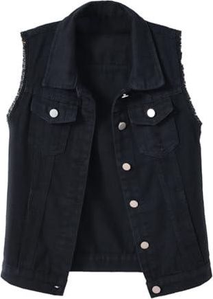 Generic Veste en jean sans manches pour femme - Noir - Gilet en jean pour femme - Grandes tailles - Gilet en denim avec boutonnière - Veste de transition élég