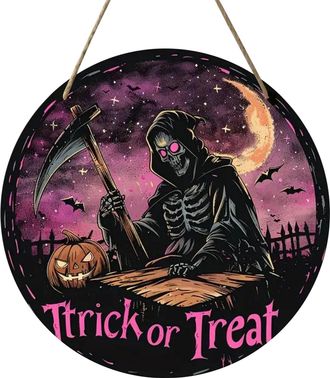 Generic Halloween Hexenschild - Spooky hölzerne Ornament mit Kürbis- und Schädel -Designs | Rustikale für Haustür, Wand oder Fenster handgefertigt festliche H