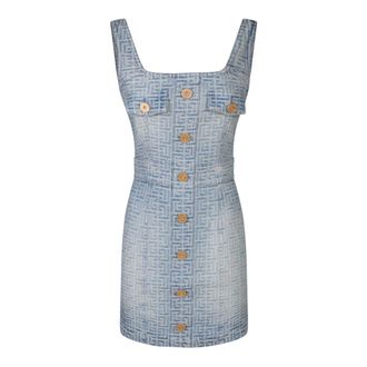 Balmain Femme, Robes, Bleu, Taille: 36 FR Robe Courte en Denim Monogramm&eacute;e