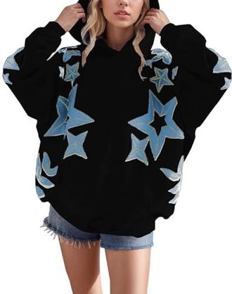 Generic Sweat &agrave; capuche tendance imprim&eacute; graphique &eacute;toile avec poche surdimensionn&eacute;e pour femme, haut dautomne &agrave; manches longues, chemisiers mignons, l&eacute;gers, 