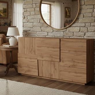 Dmora Kommode Xavier, Wohnzimmer-Buffet, Wohnzimmer-Kommode mit 2 T&uuml;ren und 3 Schubladen, 180x44x86 cm, Eiche