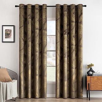 Miulee Rideaux Velours avec Motif Feuilles dOr - Tr&egrave;s Doux Velour Taupe Marron &agrave; Oeillet, Opaque pour Fen&ecirc;tre, Chambre, Salon, Int&eacute;rieurs - 2X L140xH175cm