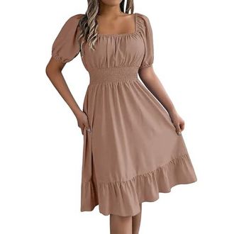 Generic Robe &agrave; pois pour femme - Style printanier - Style &eacute;l&eacute;gant - Couleur unie - Avec manches bouffantes, Or rose, XXL