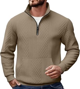 Generic Pull thermique à manches longues avec fermeture éclair 1/4 pour homme - Col montant - Coupe-vent - Pour le sport - Automne et hiver, kaki, 3XL