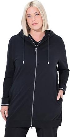 Ulla Popken Femme Veste Oversize en Molleton, Passepoil Fantaisie, Capuche et Fermeture &agrave; glissi&egrave;re &agrave; Double Sens Noir 54+ 842791100-54+